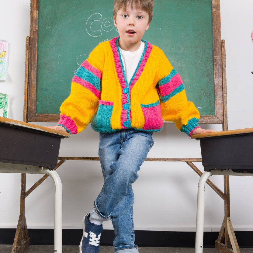 Free Easy Bernat Bright Student Kids Knit Cardigan Pattern | Yarnspirations