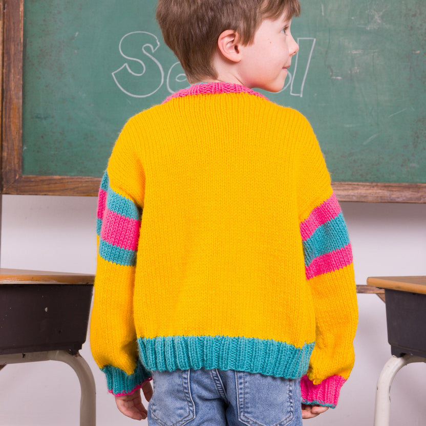 Free Easy Bernat Bright Student Kids Knit Cardigan Pattern | Yarnspirations