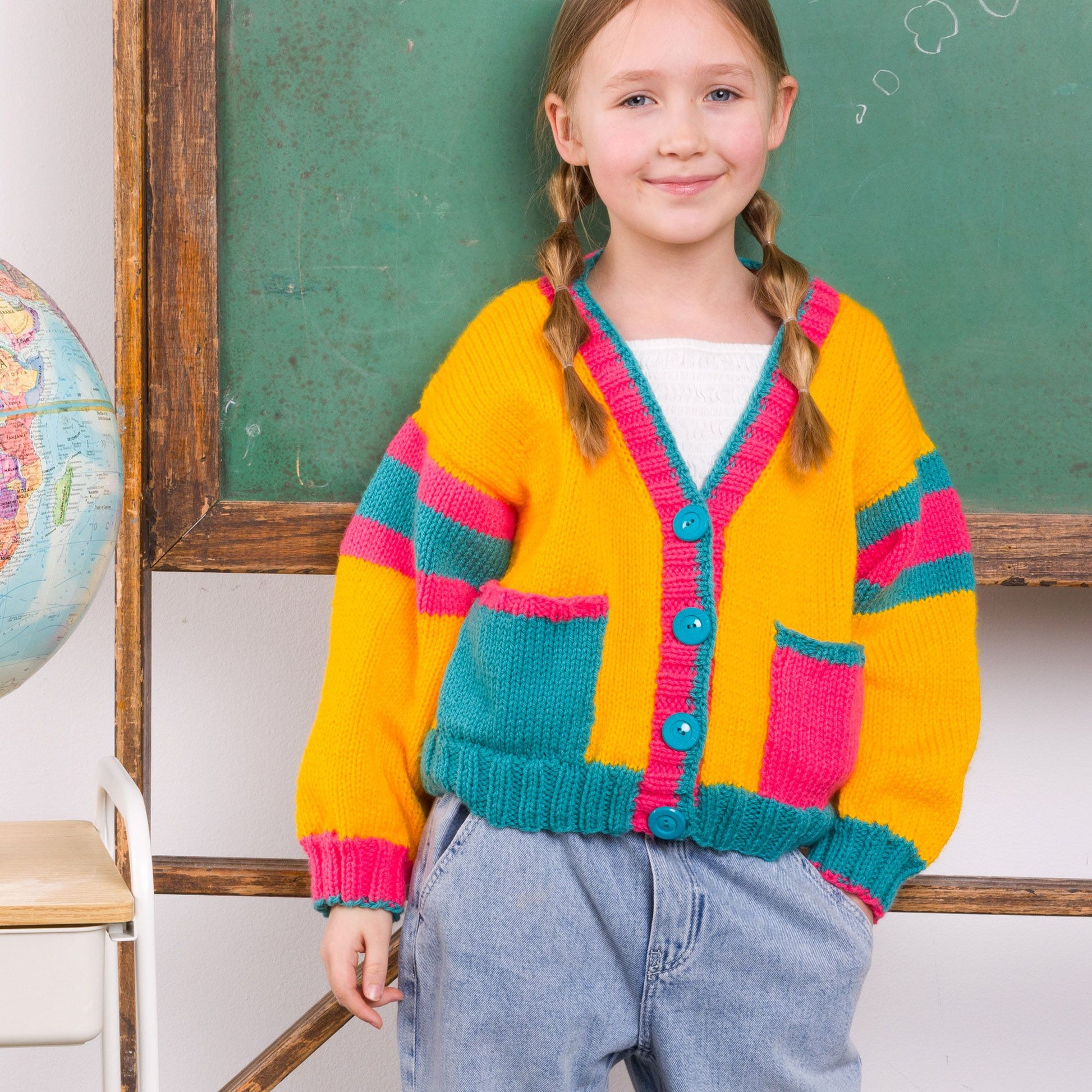 Free Easy Bernat Bright Student Kids Knit Cardigan Pattern | Yarnspirations