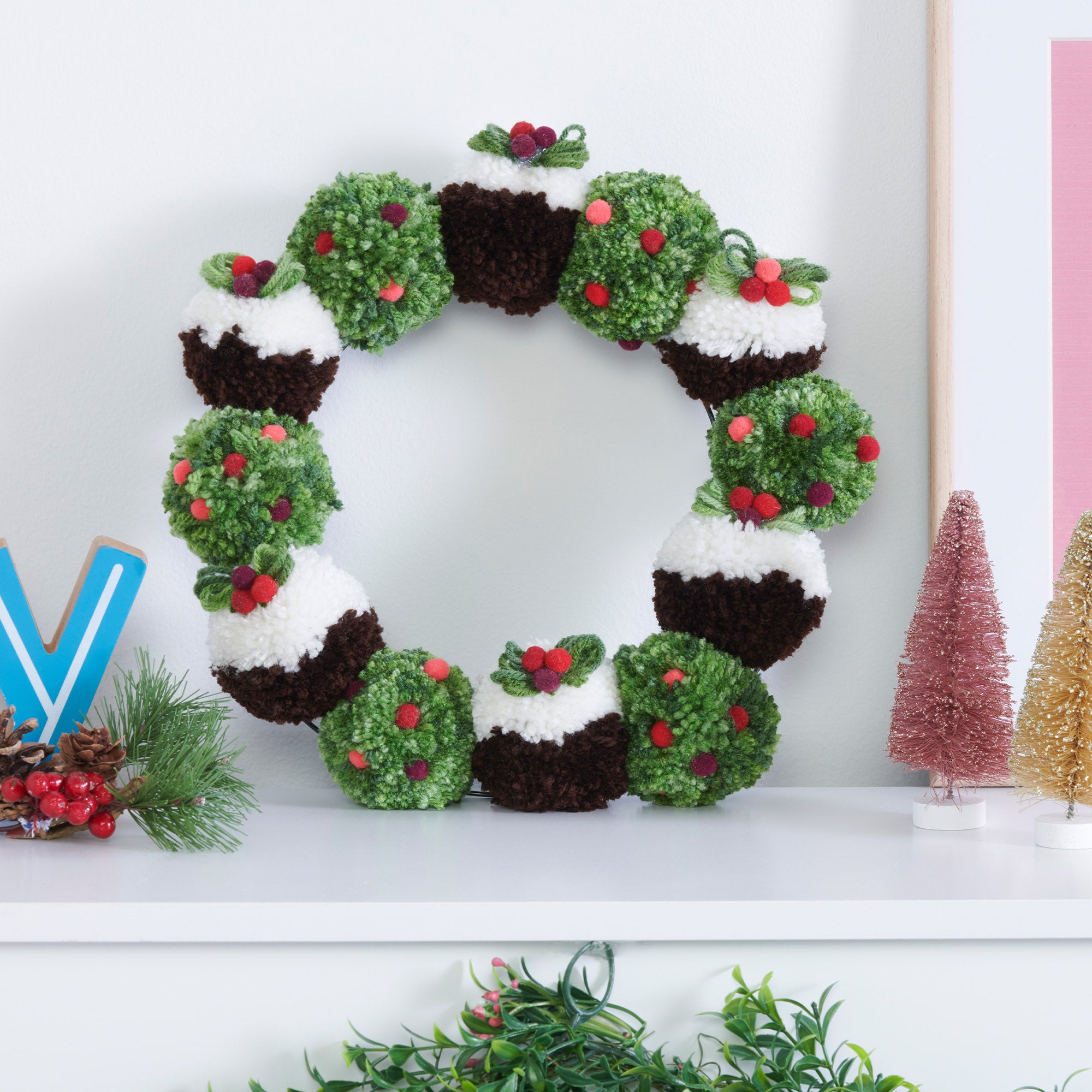Free Beginner Red Heart Christmas Pudding Pom Pom Wreath Craft Pattern ...