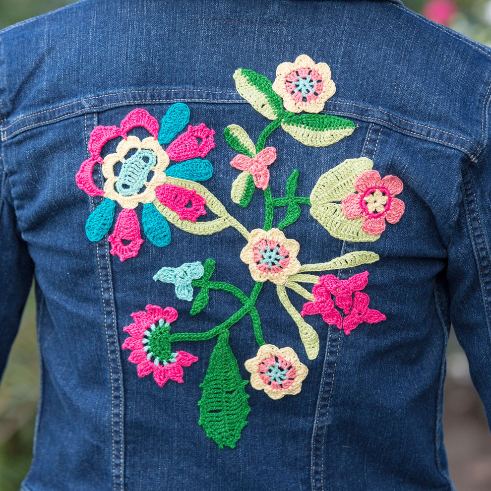 Free Aunt Lydia's Be-Flowered Denim Jacket Crochet Pattern | Yarnspirations