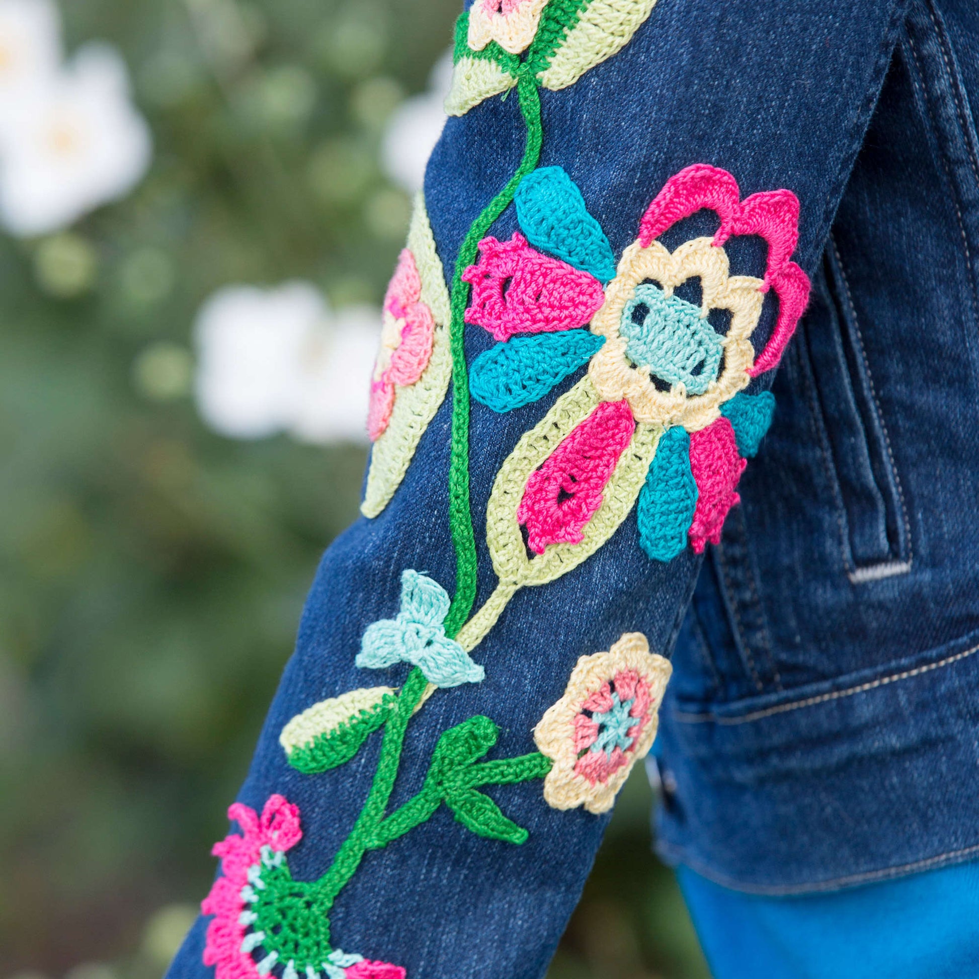 Free Aunt Lydia's Be-Flowered Denim Jacket Crochet Pattern | Yarnspirations