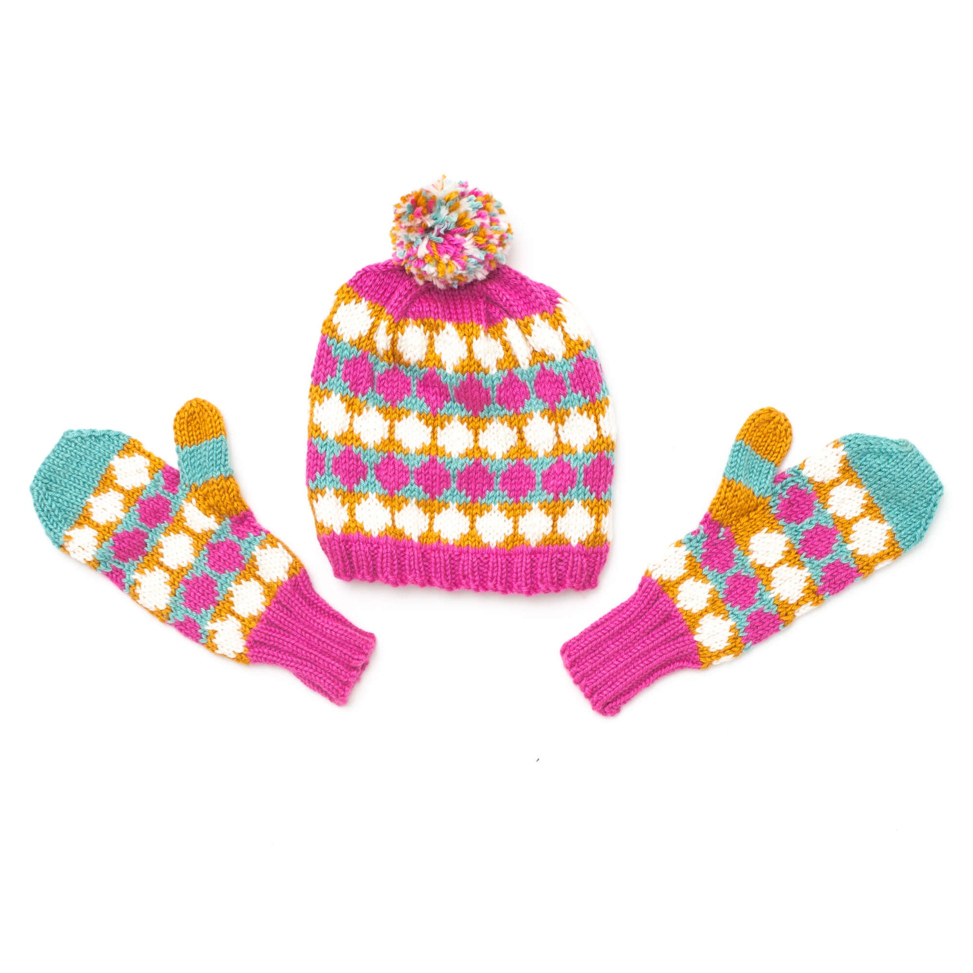 Free Bernat Polka Dot Hat & Mittens Set Knitting Pattern | Yarnspirations