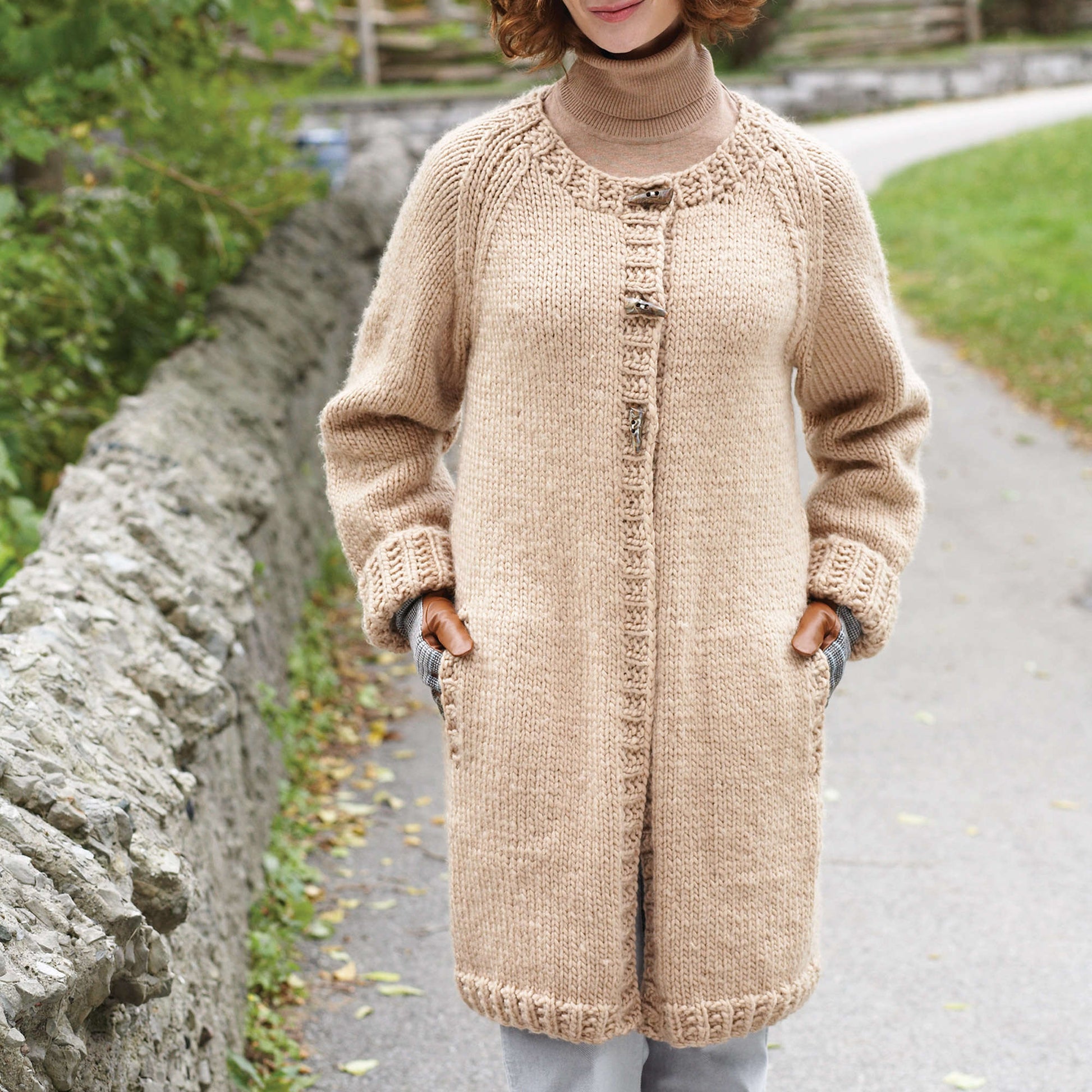 Free Bernat Long Knit Cardigan with Collar Pattern | Yarnspirations