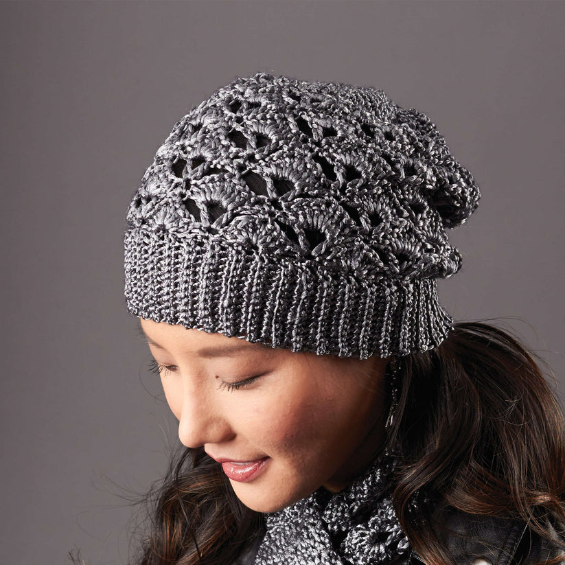 Free Patons Silver Screen Hat & Scarf Set Crochet Pattern | Yarnspirations