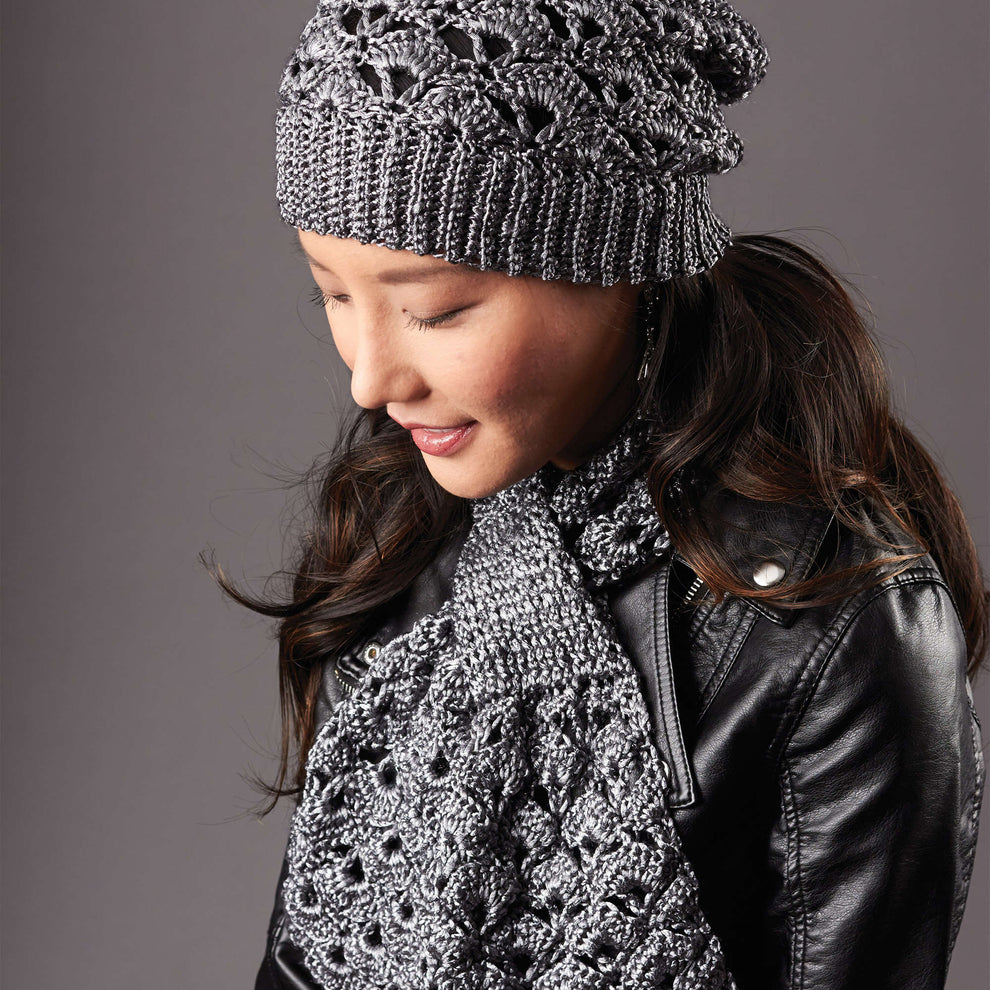 Free Patons Silver Screen Hat & Scarf Set Crochet Pattern | Yarnspirations