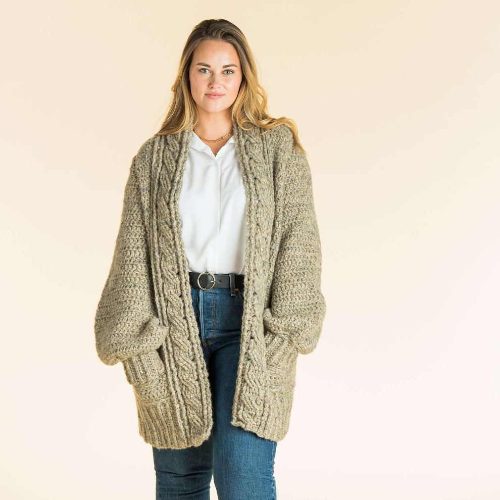 Free Patons Cozy Cabled Cardigan Crochet Pattern | Yarnspirations