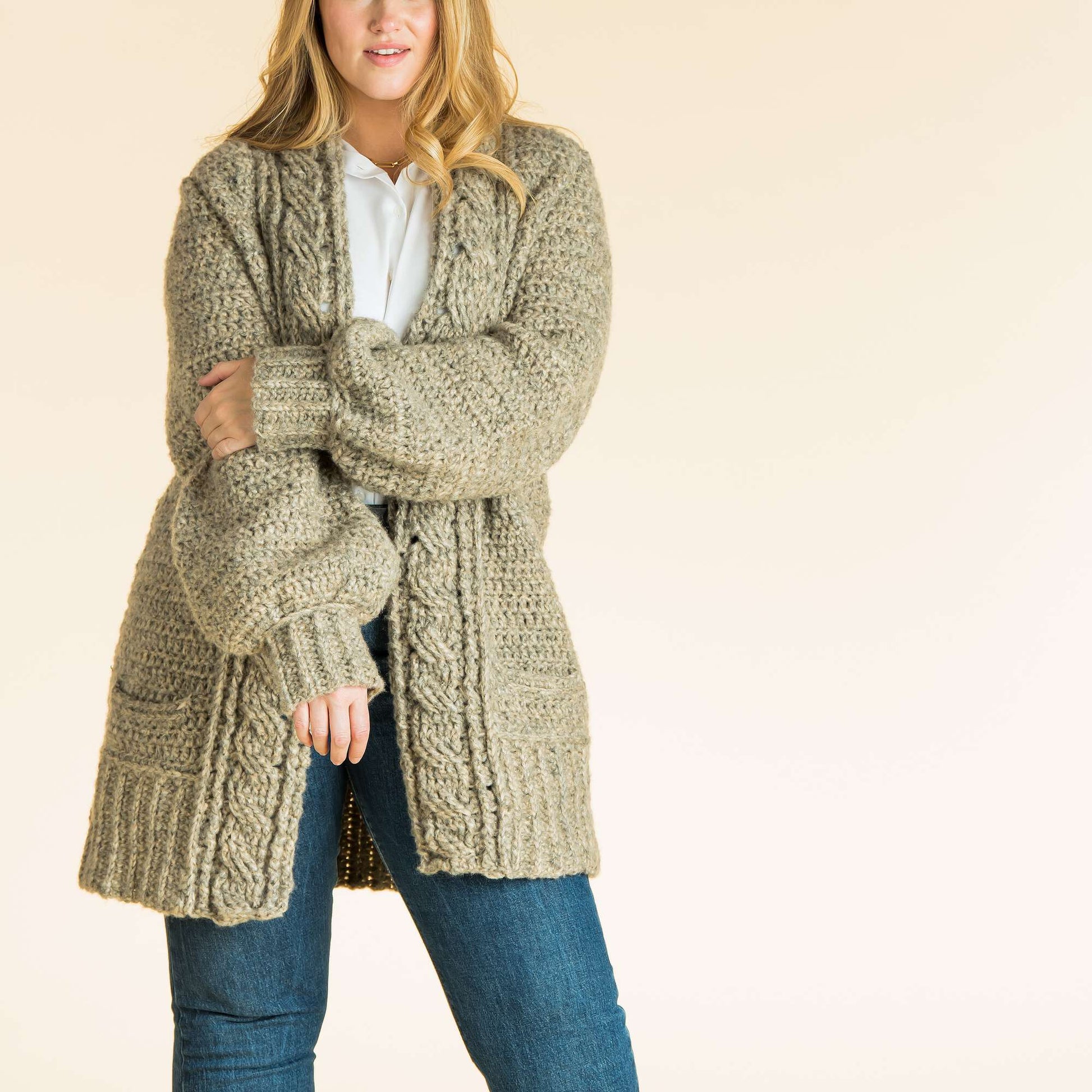 Free Patons Cozy Cabled Cardigan Crochet Pattern | Yarnspirations