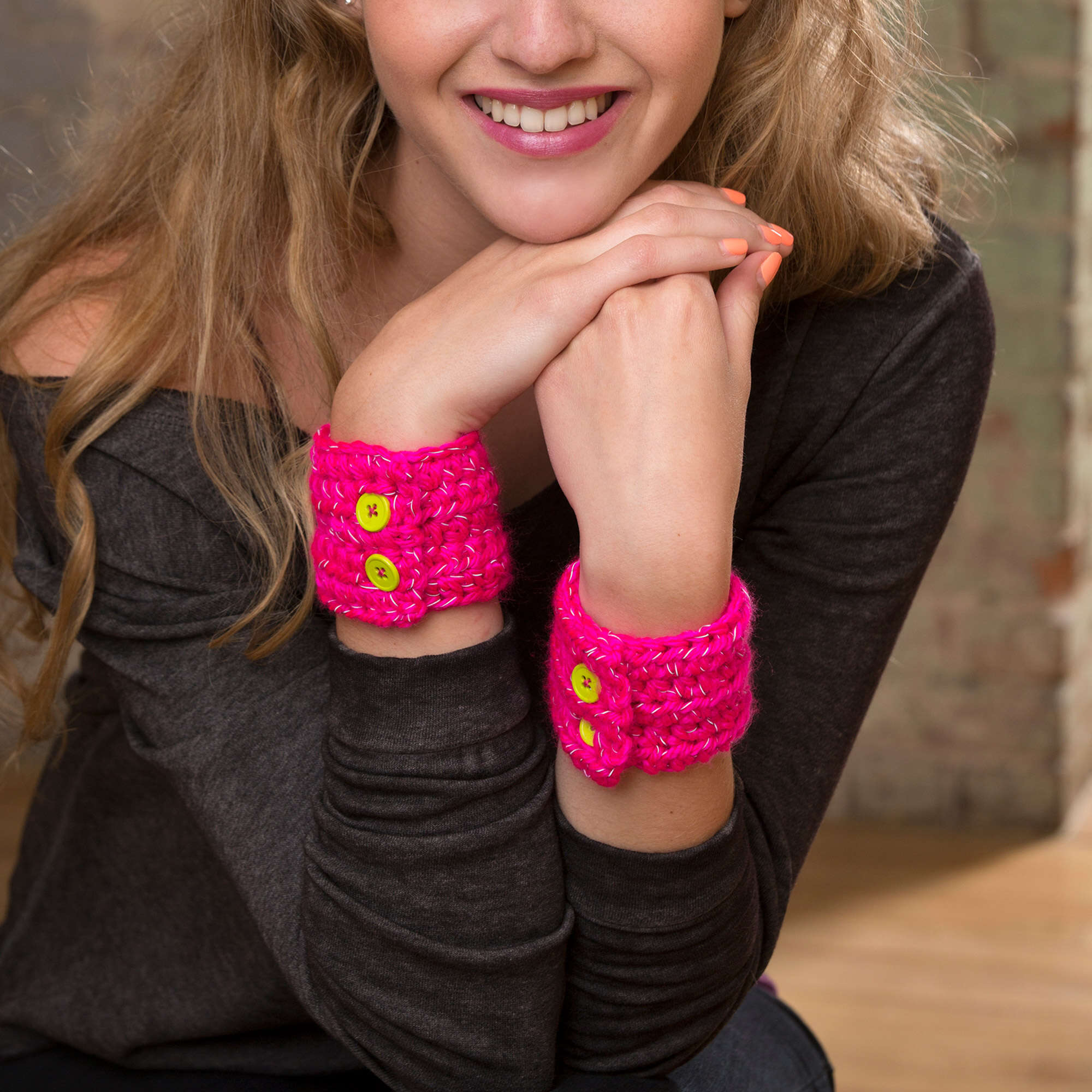 Free Beginner Red Heart Buttoned Up Cuffs Crochet Pattern | Yarnspirations