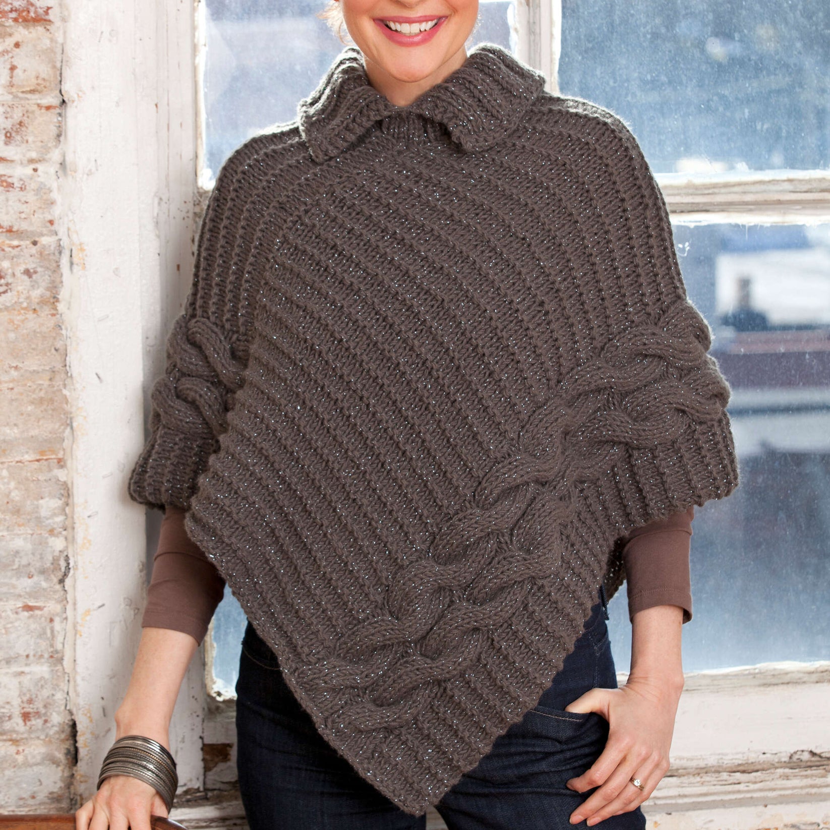 Red Heart Cabled & Collared Poncho | Yarnspirations