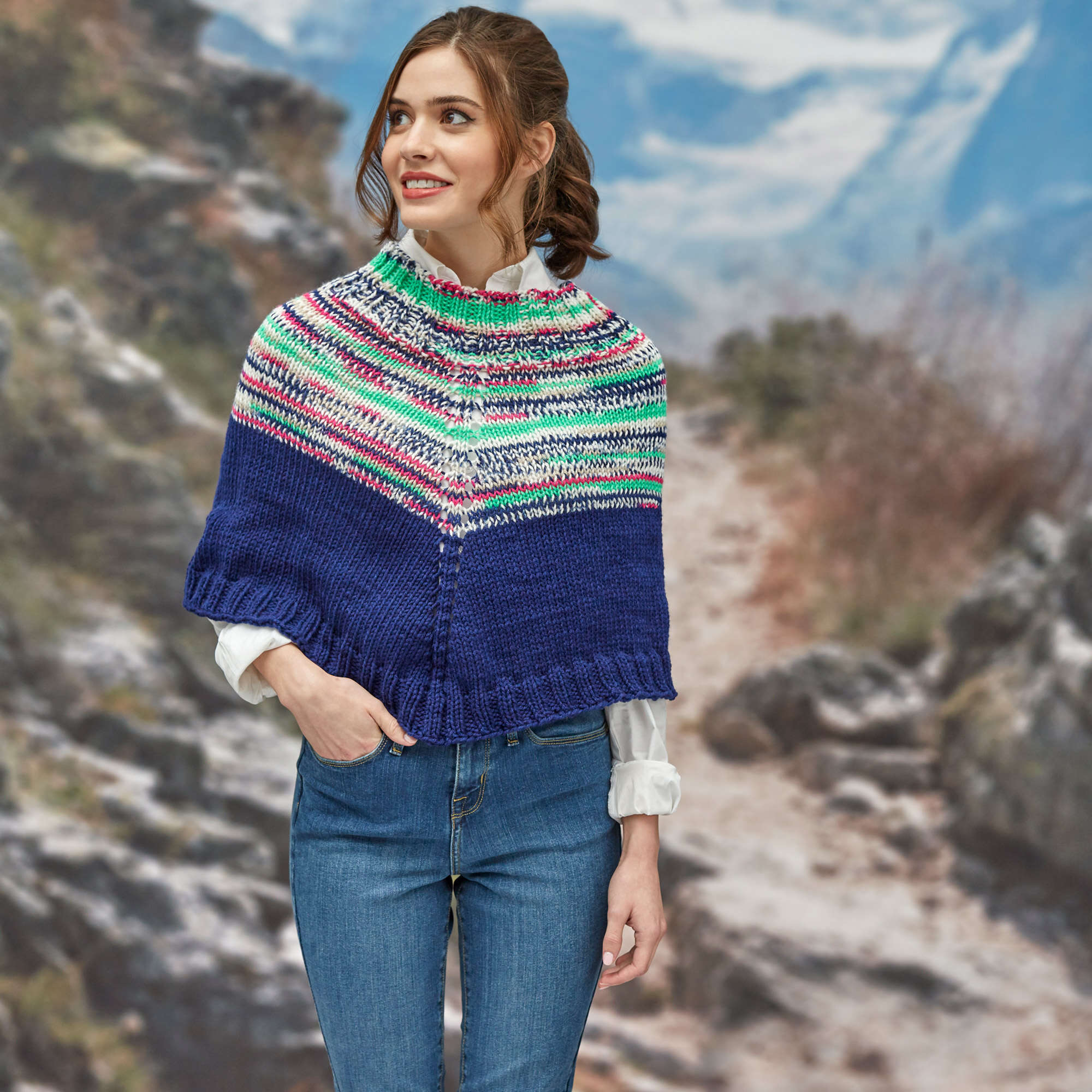 Free Easy Red Heart Faux Fair Isle Poncho Knitting Pattern | Yarnspirations