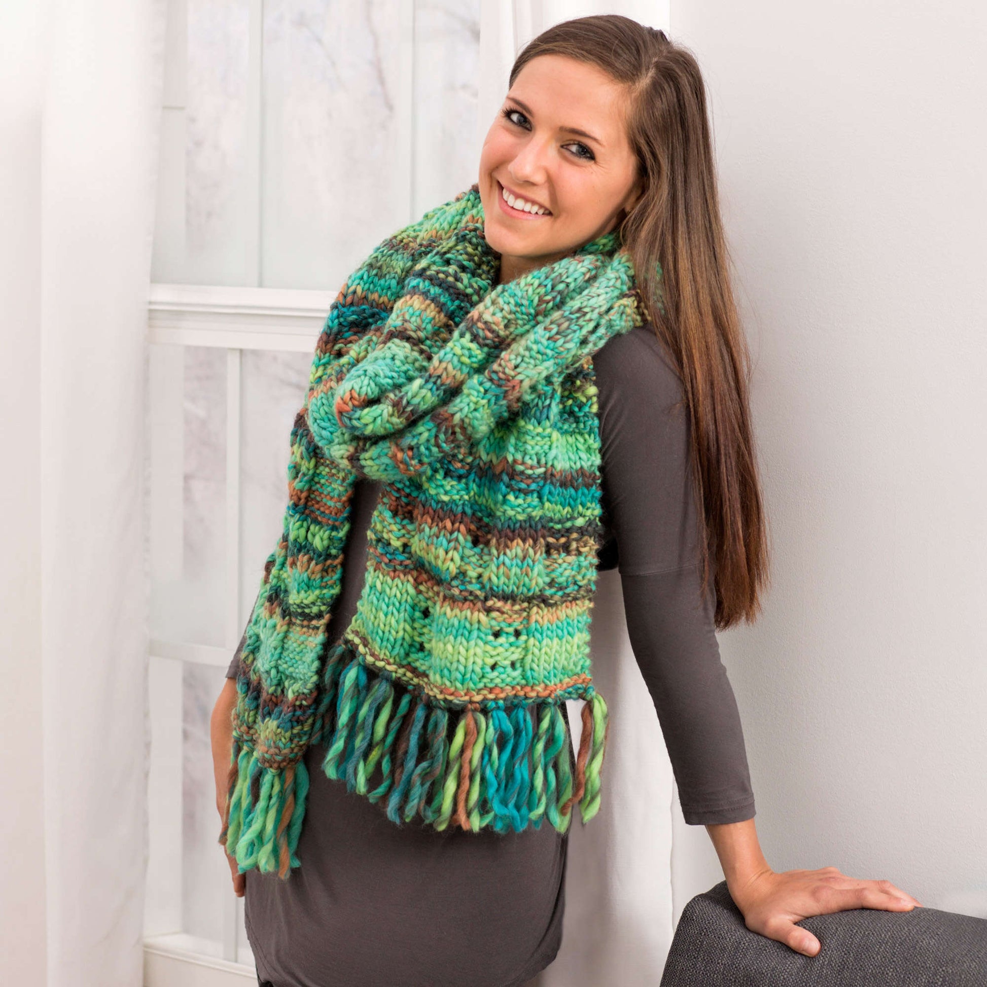 Free Easy Red Heart Fringed Eyelet Scarf Knitting Pattern | Yarnspirations