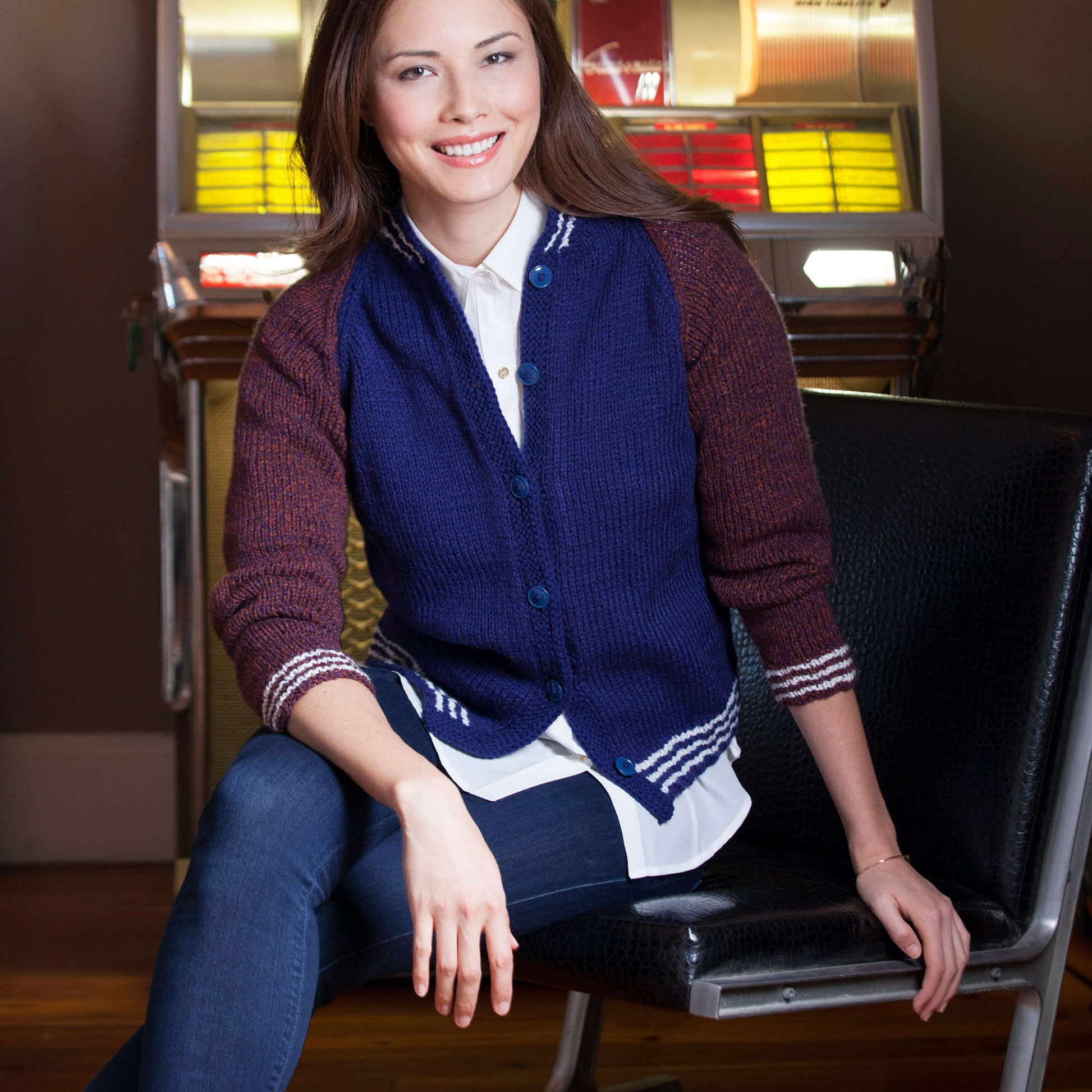 Red Heart Letterman Knit Cardigan | Yarnspirations