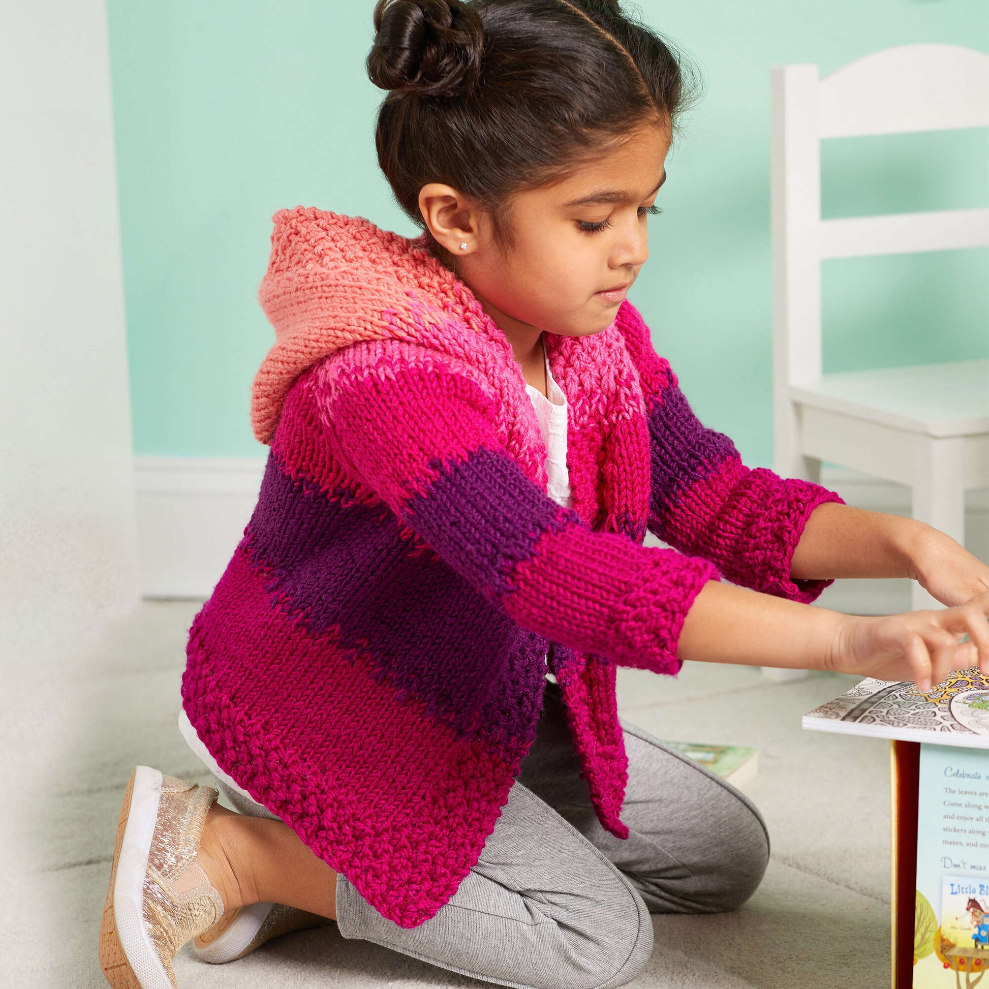 Free Red Heart Girls Chic Hooded Sweater Knitting Pattern | Yarnspirations